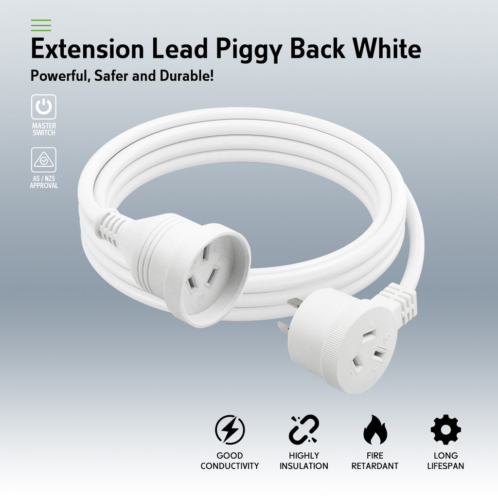 Extension Lead Piggy Back White 10A 240V 1.8M SAA– Maxrite