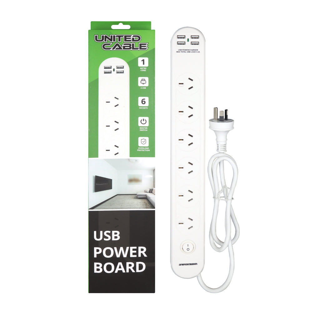 Power Board 6 Outlet with Master Switch White 10A 240V 1M 4 USB-A 3.4A ...