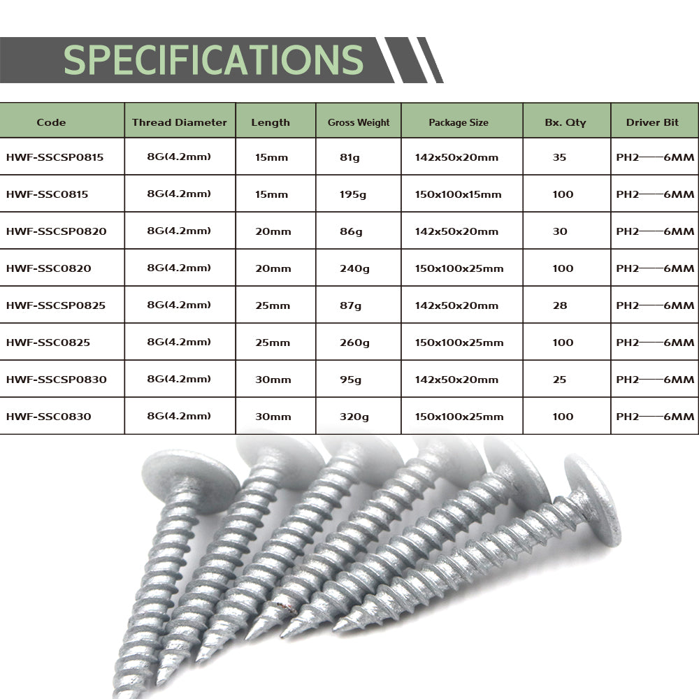 Akord Stitch Screw Galvanized Phillips #8, 15mm, 20mm, 25mm, 30mm– Maxrite