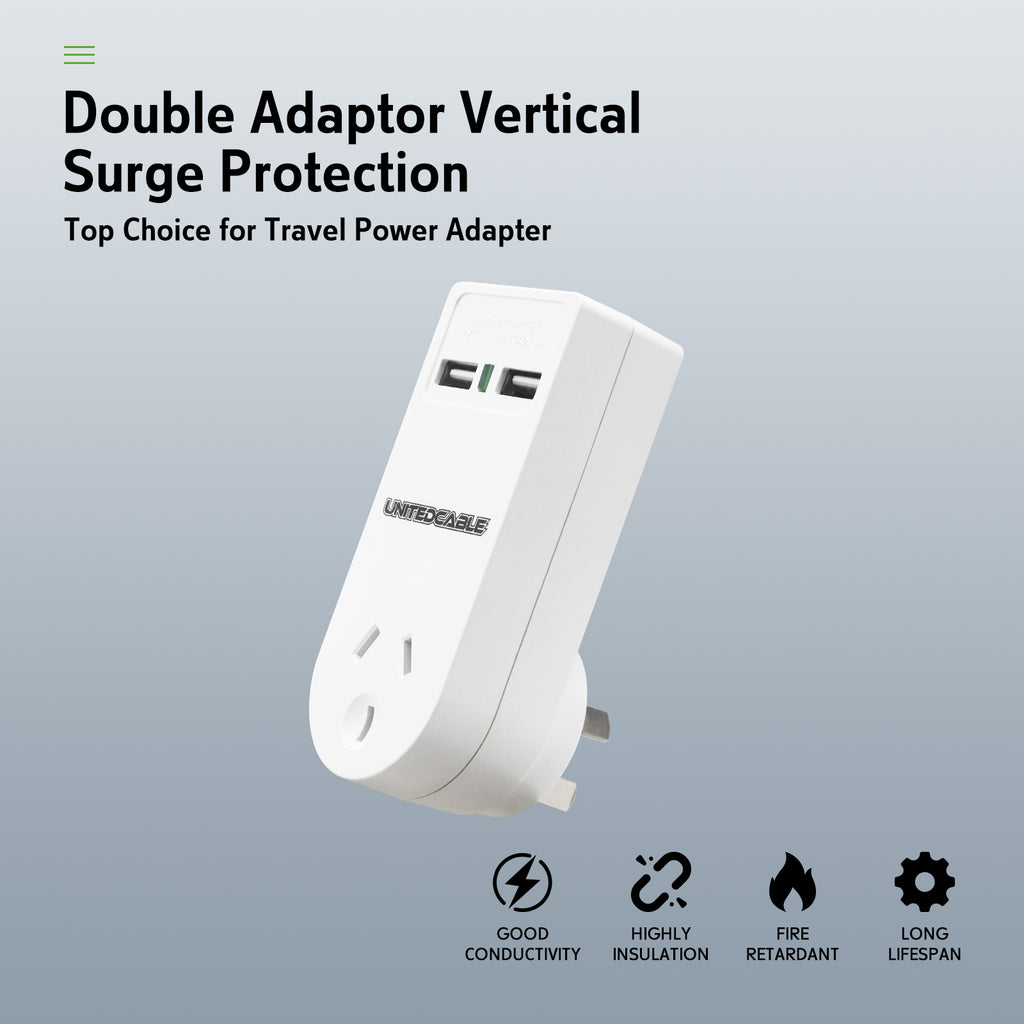 Double Adaptor Vertical Surge Protection White 10A 240V 2 Outlets 2 US ...