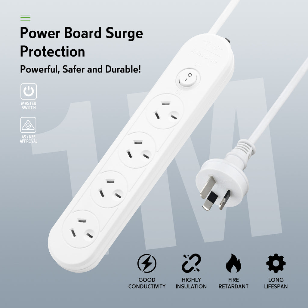 Power Board Surge Protection White 10A 240V 1M 4/6 Outlet Master Switc ...