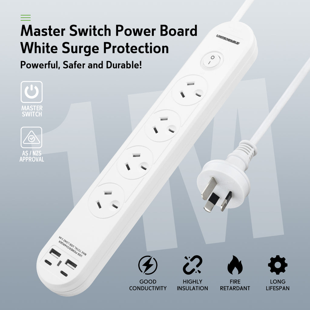 Power Board 4 Outlet with Master Switch White 10A 240V 1M 2 USB-A & 2 ...