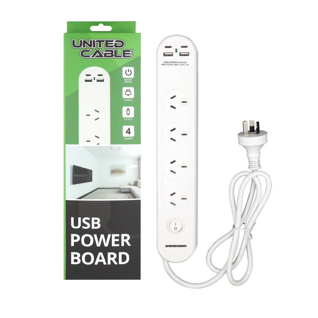 Power Board 4 Outlet with Master Switch White 10A 240V 1M 2 USB-A & 2 ...
