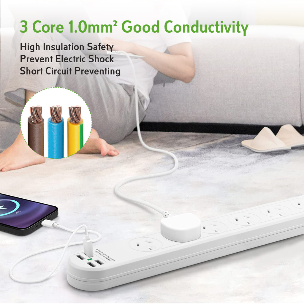 Power Board 6 Outlet with Master Switch White 10A 240V 1M 4 USB-A 3.4A ...