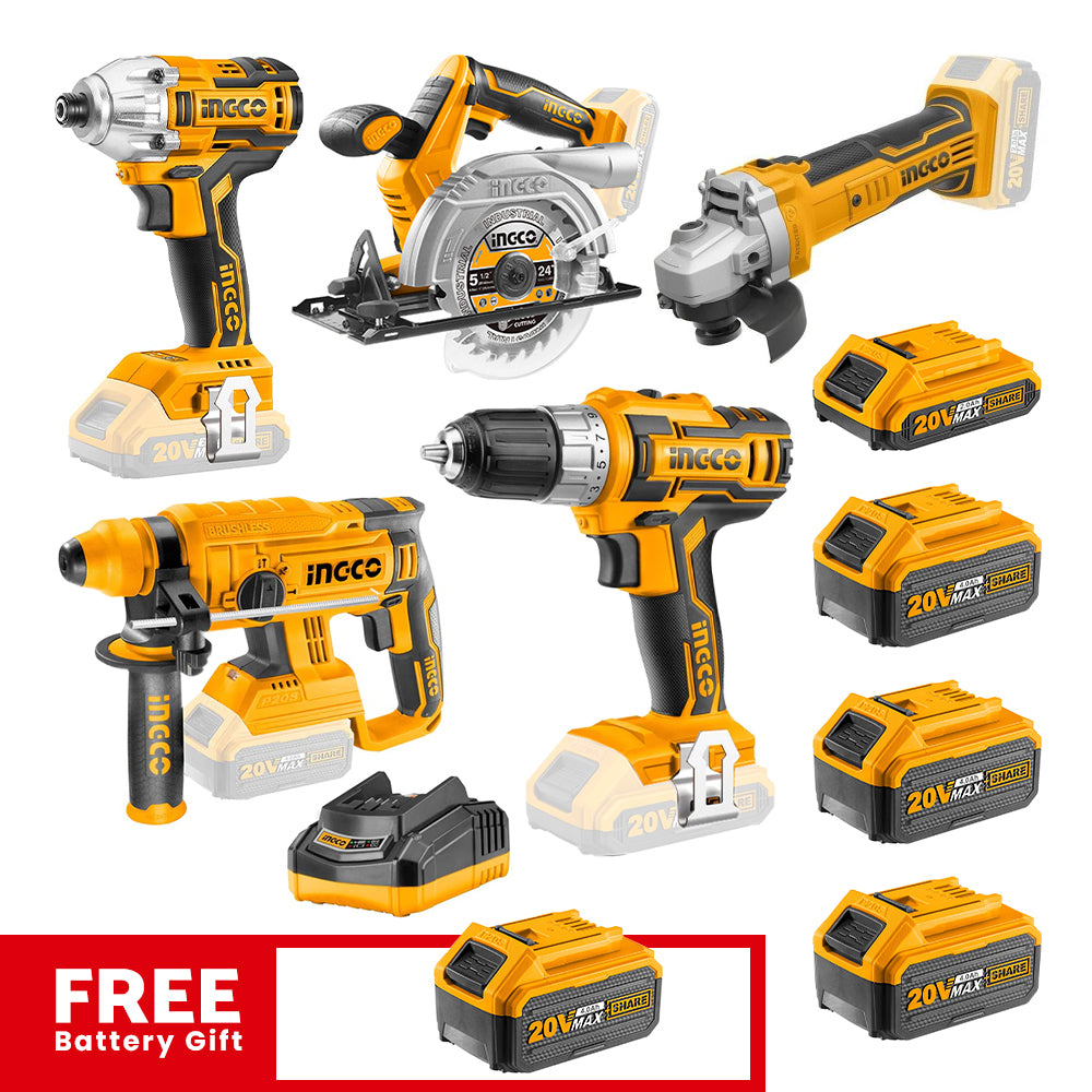 INGCO 20V Cordless 5 Piece 4 x 4.0Ah 1 x 2.0Ah Combo Kit INGCOSET-12 ...