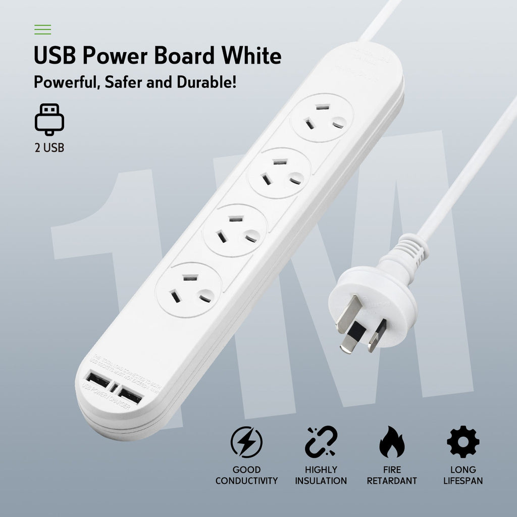 Power Board Surge Protection White 10A 240V 1M 4/6 Outlet 2 USB-A 2.4A ...