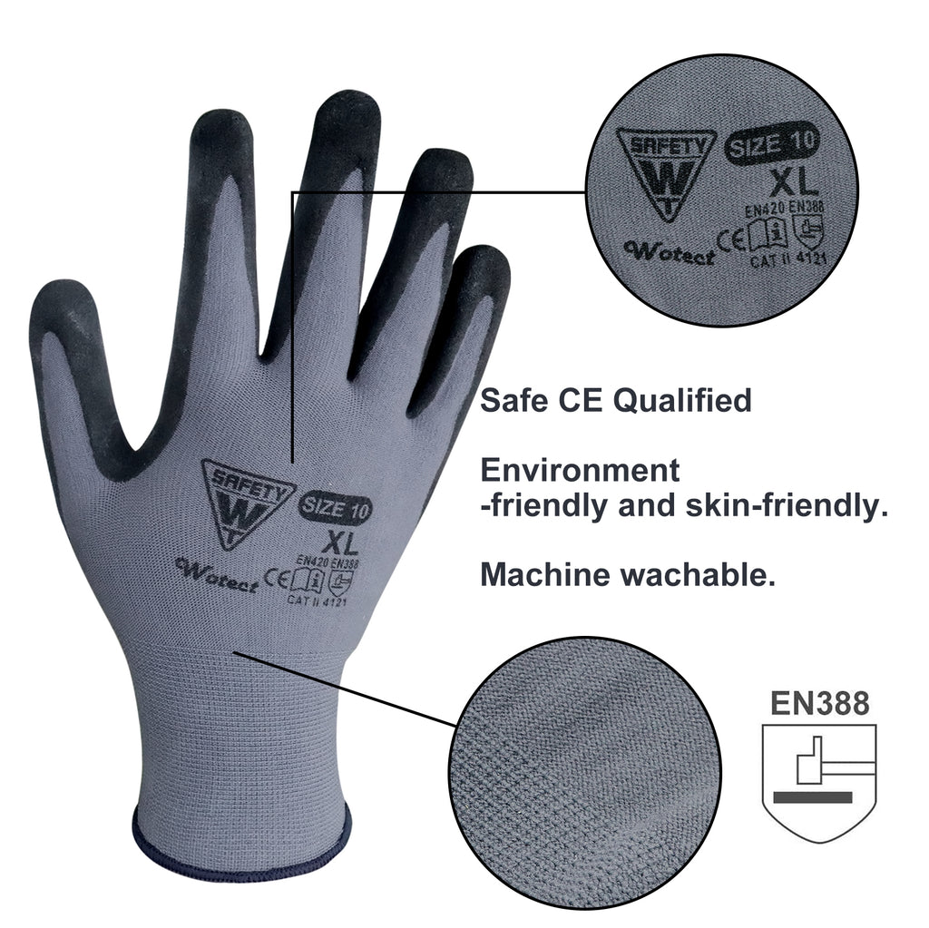 WOTECT Safety Working Glove Nitrile Coated Black Size 10 (XL)– Maxrite