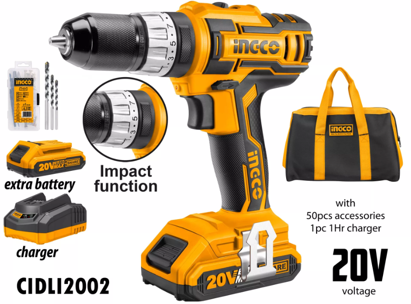 INGCO-CIDLI2002S-Li-ion-Cordless-Hammer-Drill-20V-Kit– Maxrite