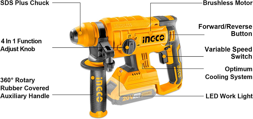 INGCO-CRHLI2201-Li-Ion-Cordless-Rotary-Hammer-Drill-20V-Skin-1350min ...