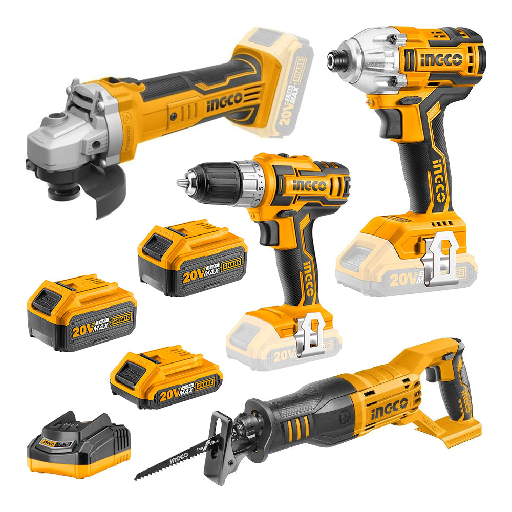 INGCO 20V Cordless 4 Piece 2 x 4.0Ah 1 x 2.0Ah Combo Kit INGCOSET-11 ...