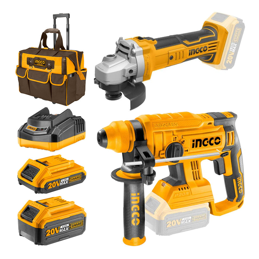 INGCO 20V Cordless 2 Piece 1 x 2.0Ah 1 x 4.0Ah Combo Kit with Rolling