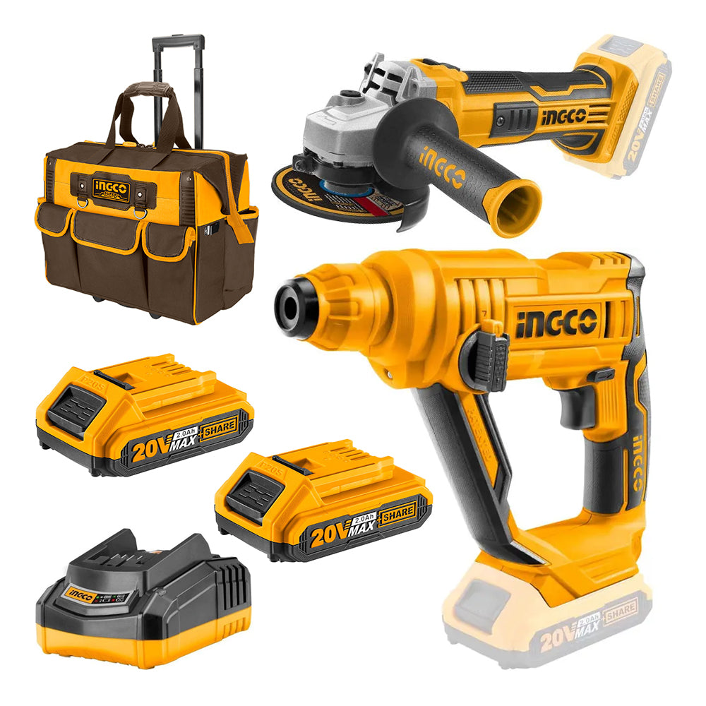 INGCO 20V Cordless 2 Piece 2 x 2.0Ah Combo Kit with Rolling Rigid Tool ...