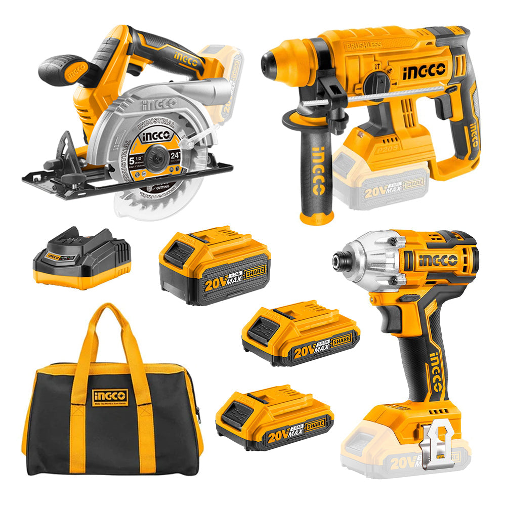 INGCO 20V Cordless 3 Piece 1 x 4.0Ah 2 x 2.0Ah Combo Kit INGCOSET-6 ...