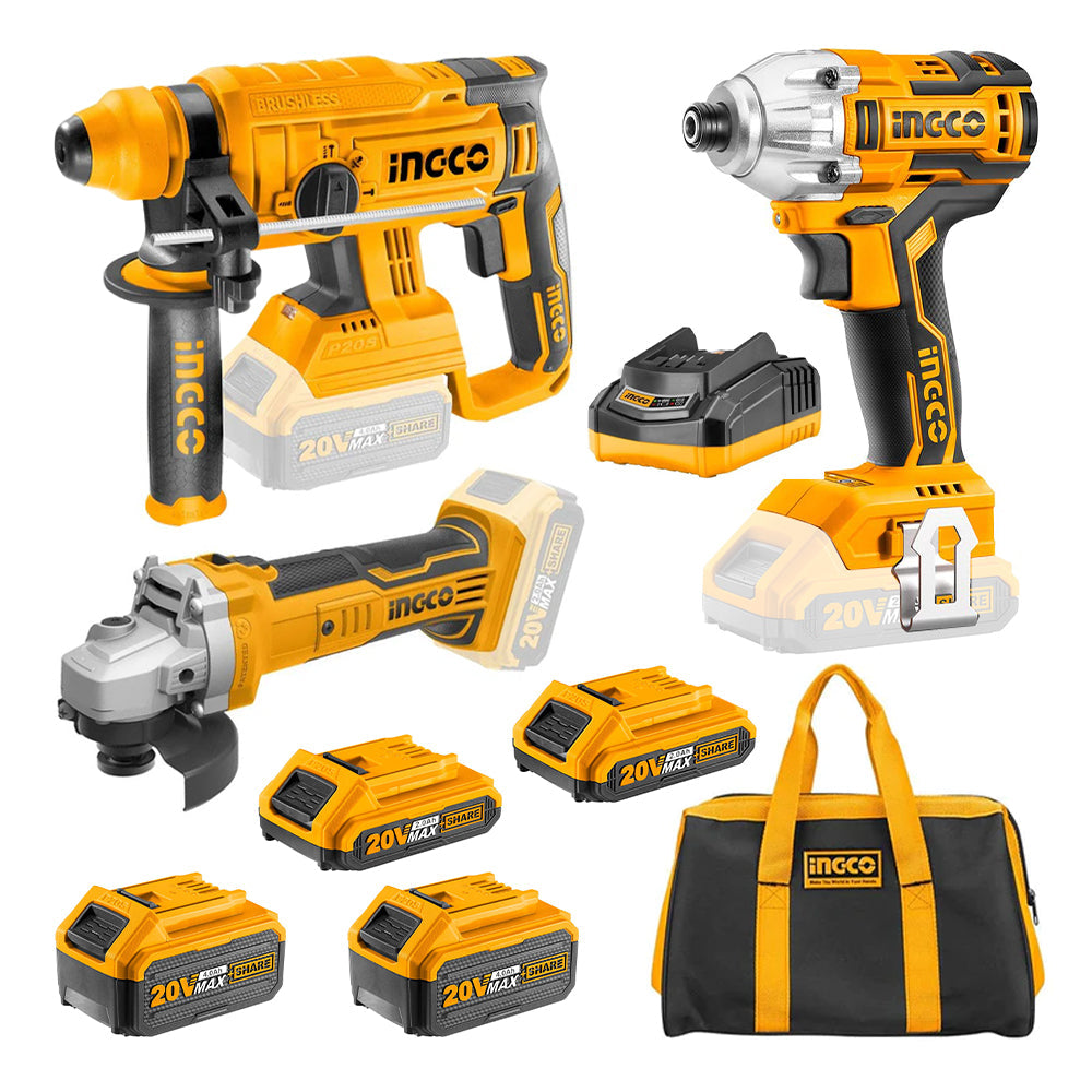 INGCO 20V Cordless 3 Piece 1 x 4.0Ah 2 x 2.0Ah Combo Kit INGCOSET-7 ...