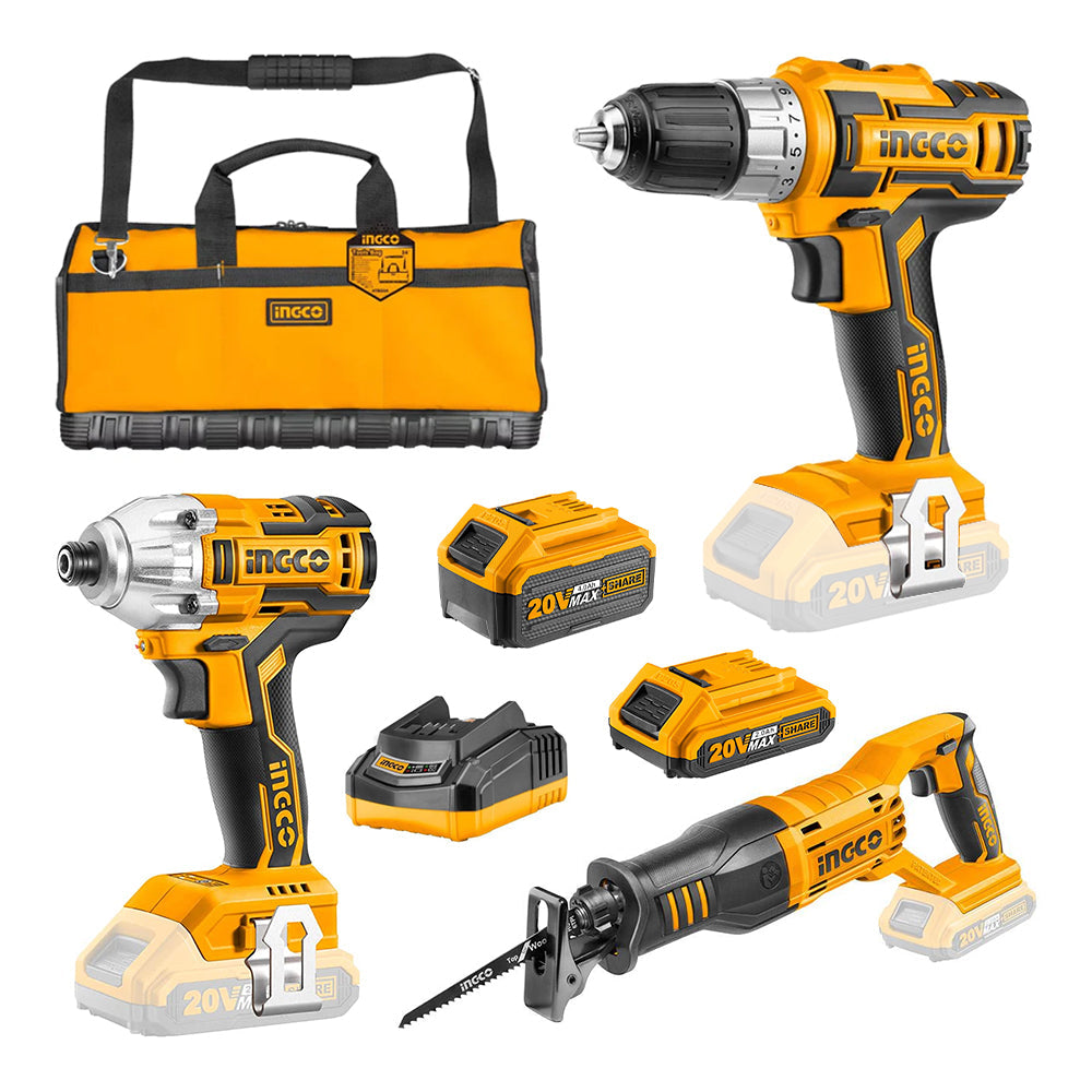 INGCO 20V Cordless 3 Piece 1 x 4.0Ah 1 x 2.0Ah Combo Kit with Bag INGC ...