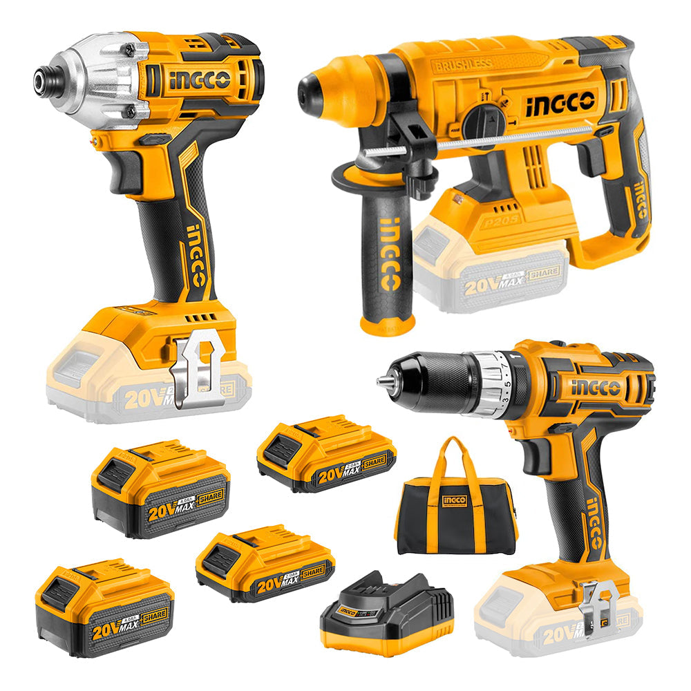 INGCO 20V Cordless 3 Piece 2 x 4.0Ah 2 x 2.0Ah Combo Kit INGCOSET-9 ...